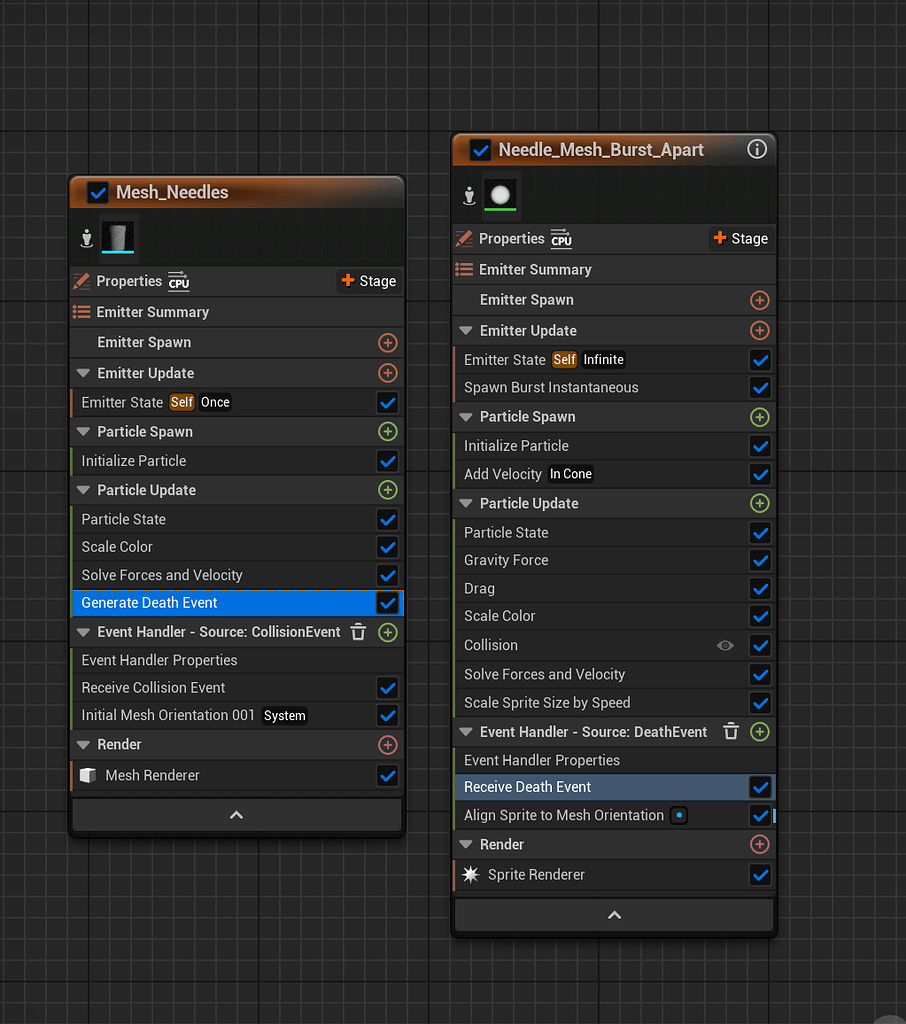 Generate a burst effect from a death event on an emitter thats already ...
